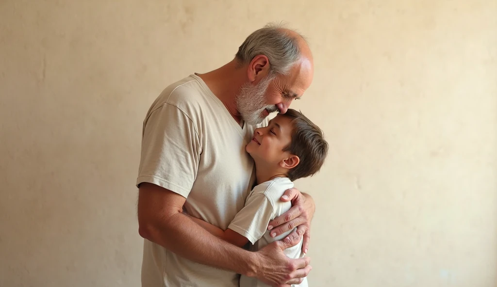 Create an image of a father in his late 40s standing closely with his ...