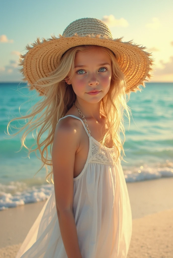 Raising girl, with very bright blue eyes, model, dressed in a simple ...