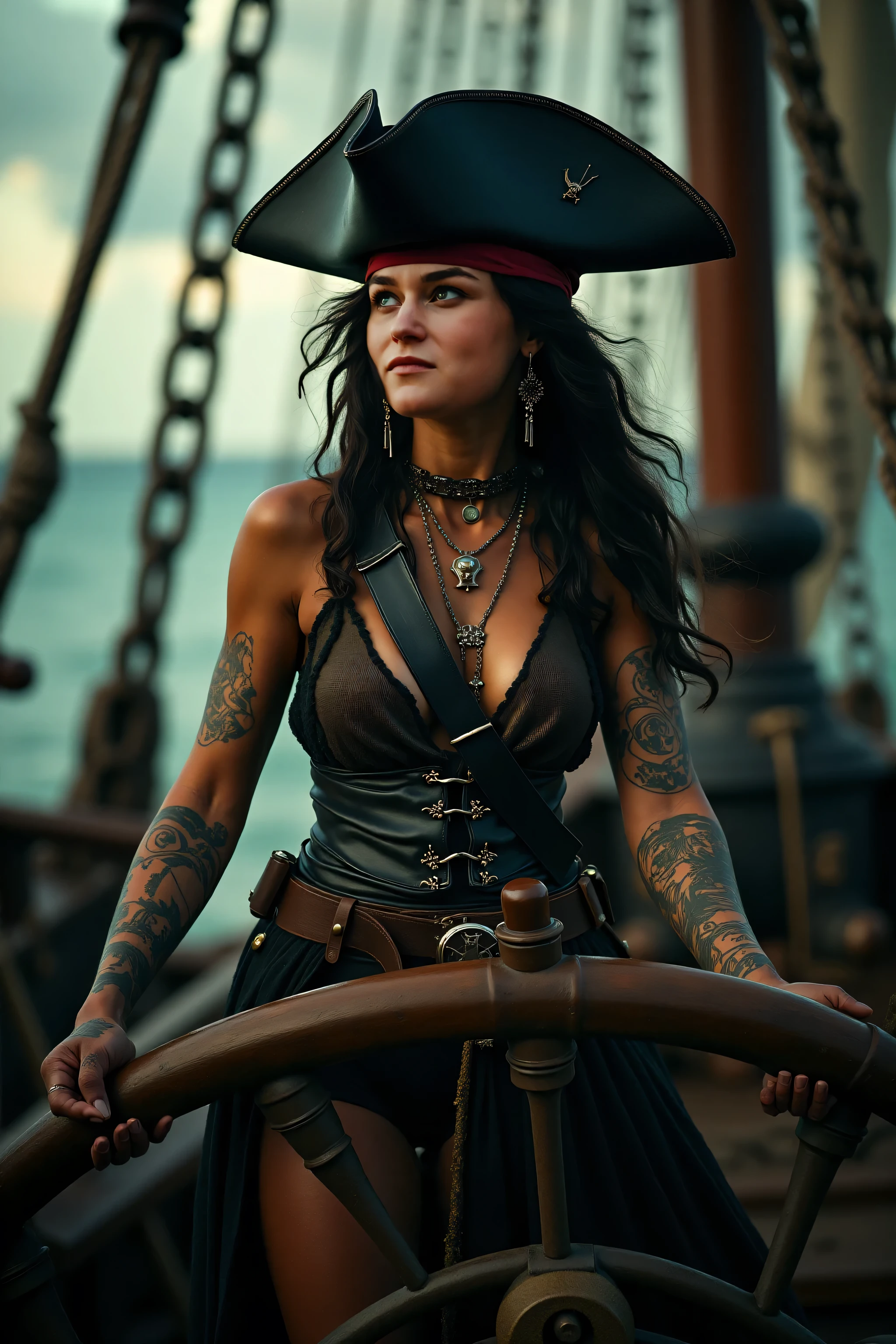 Full body view A commanding Native Caribbean pirate captain stands tall ...