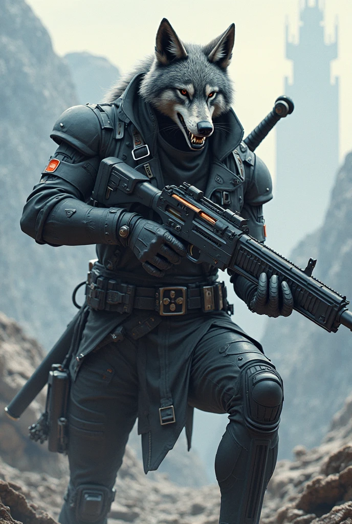 Robbery with the head of a wolf holding a futuristic gun with a sword ...