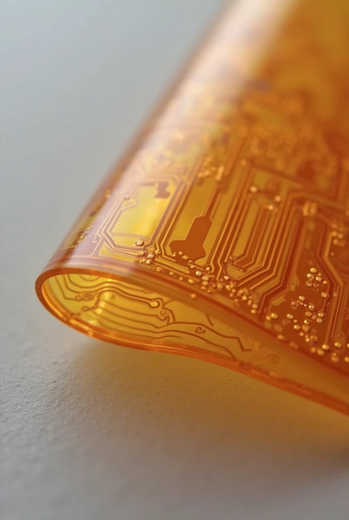 Close-up of a flexible PCB in translucent amber, slightly bent to show ...
