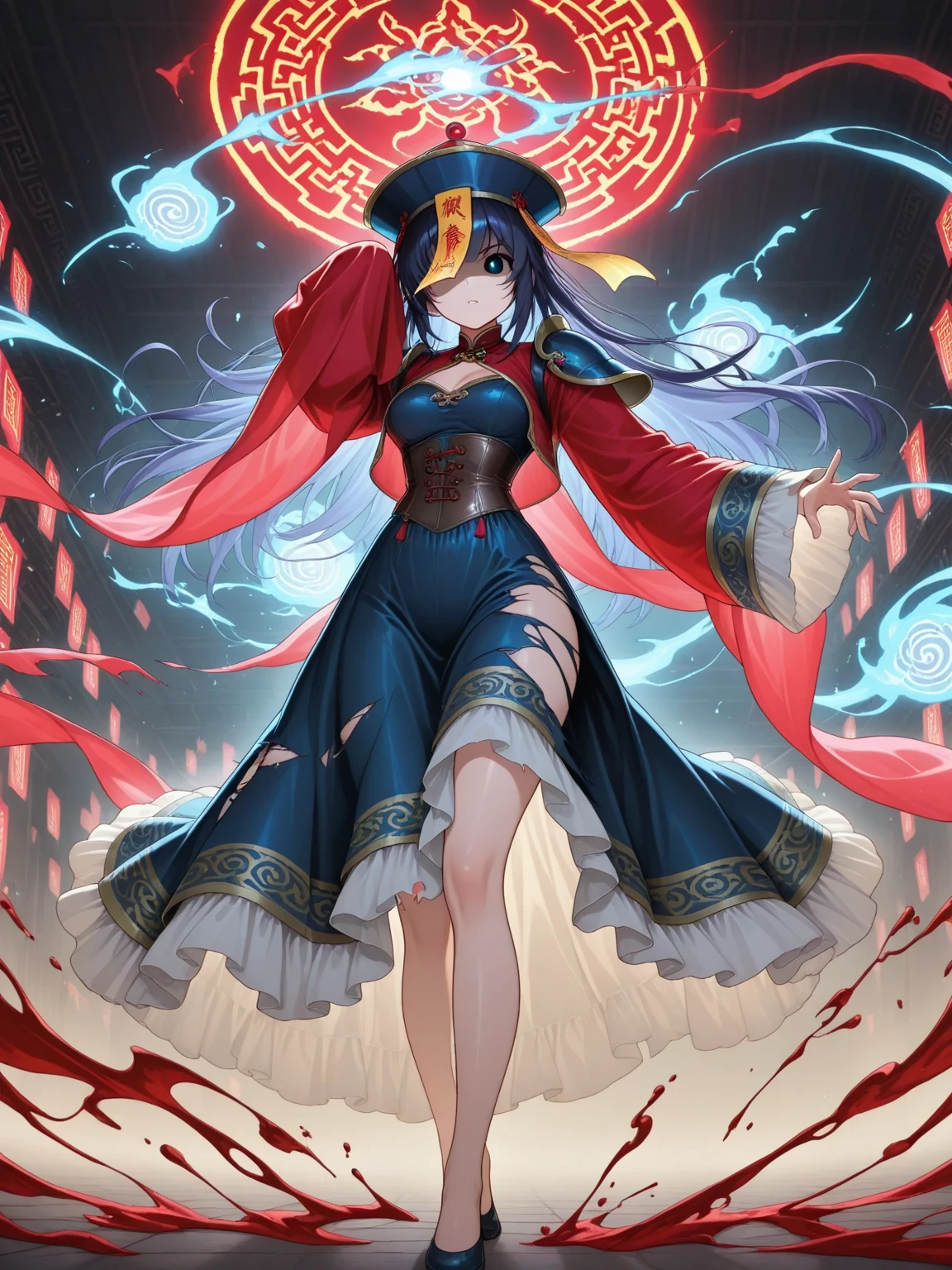 A female figure in a ta-style, red-and-blue color-blocked Qing Dynasty ...