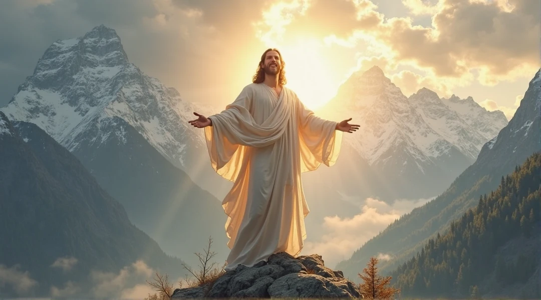 Jesus standing on a mountaintop, smiling as the Holy Spirit envelops ...