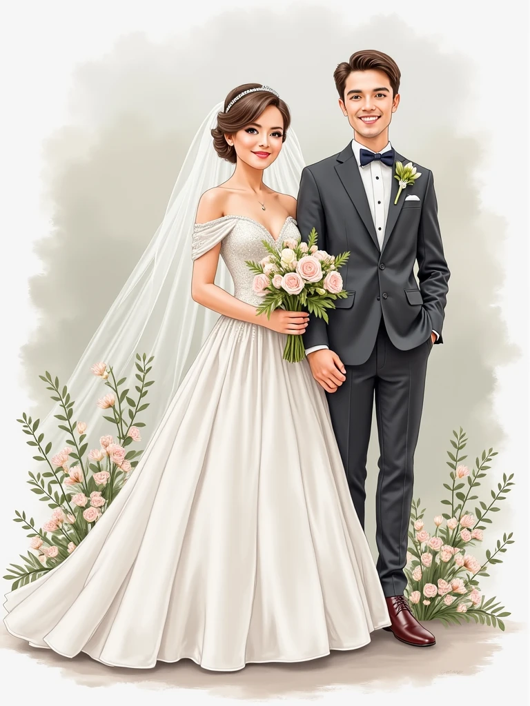 Bride and groom Both body and face are in front classical dress looking ...
