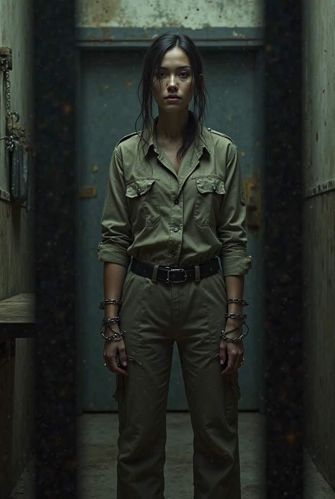 Women prisoner in uniform shackled - SeaArt AI