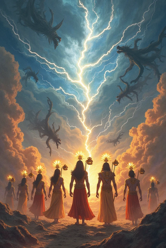 Mythological battle in the sky, where radiant Hindu gods like Indra ...