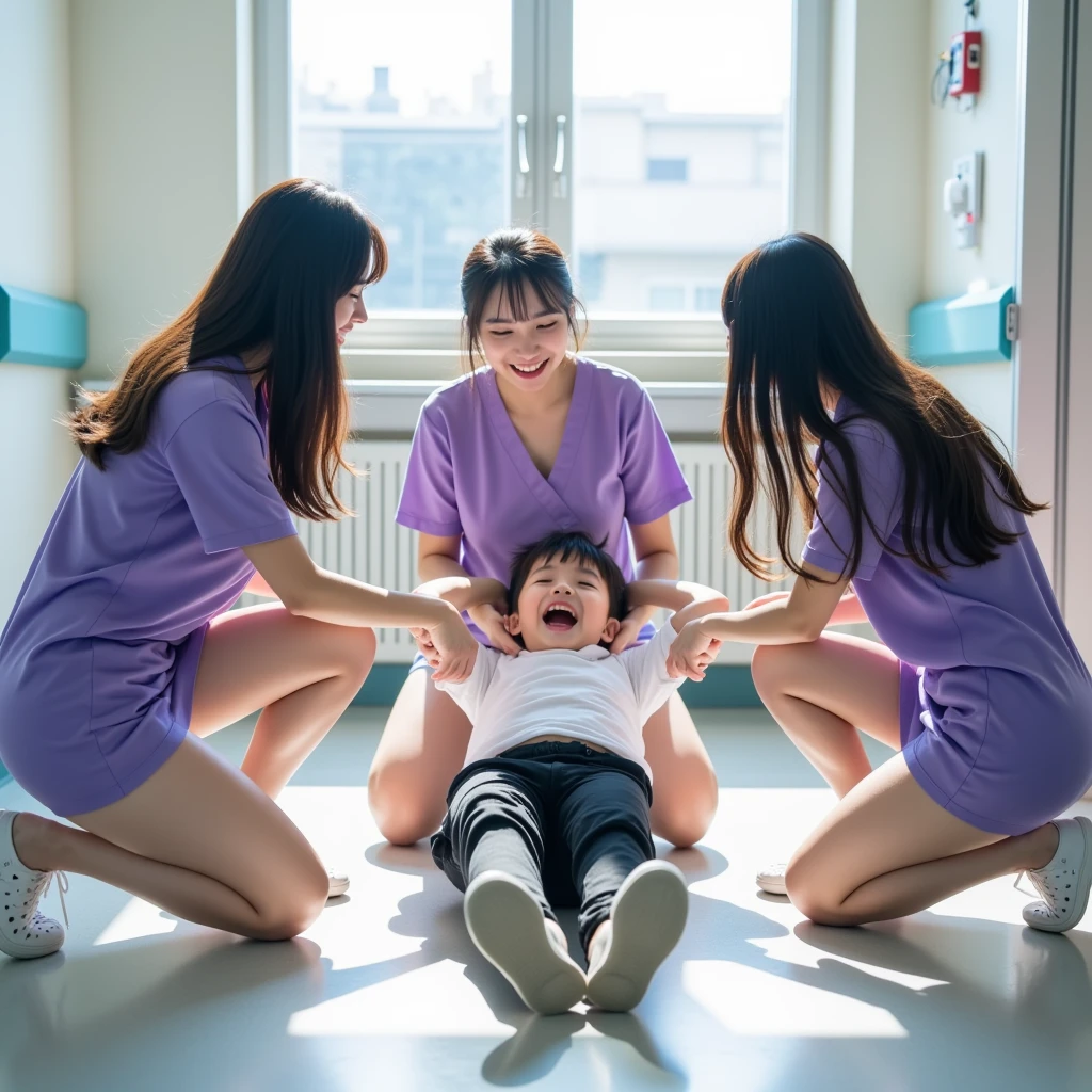 Very bright hospital with sunlight. The image shows a young boy lying ...