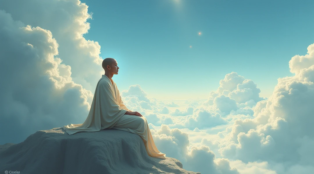 A monk gazing at a cloudy sky, his form blending with the clouds ...