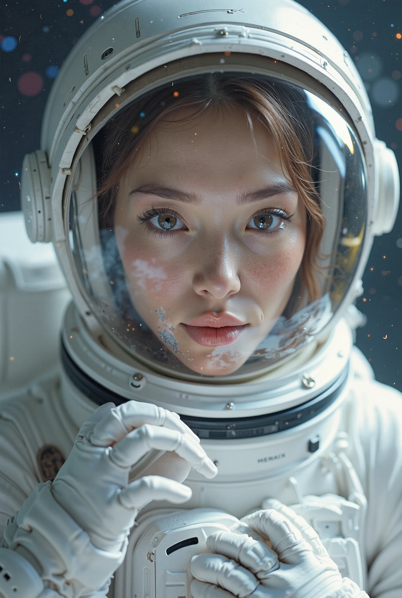 A female cosmonaut taking in very beautiful space. She has a white ...
