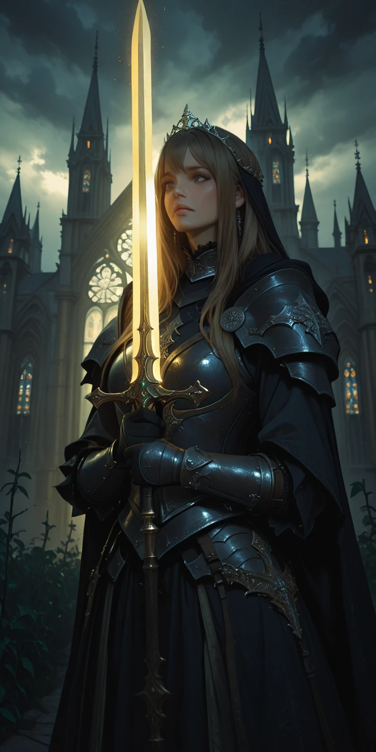 Woman in medieval armor, thorn tiara glowing and shining, holding ...
