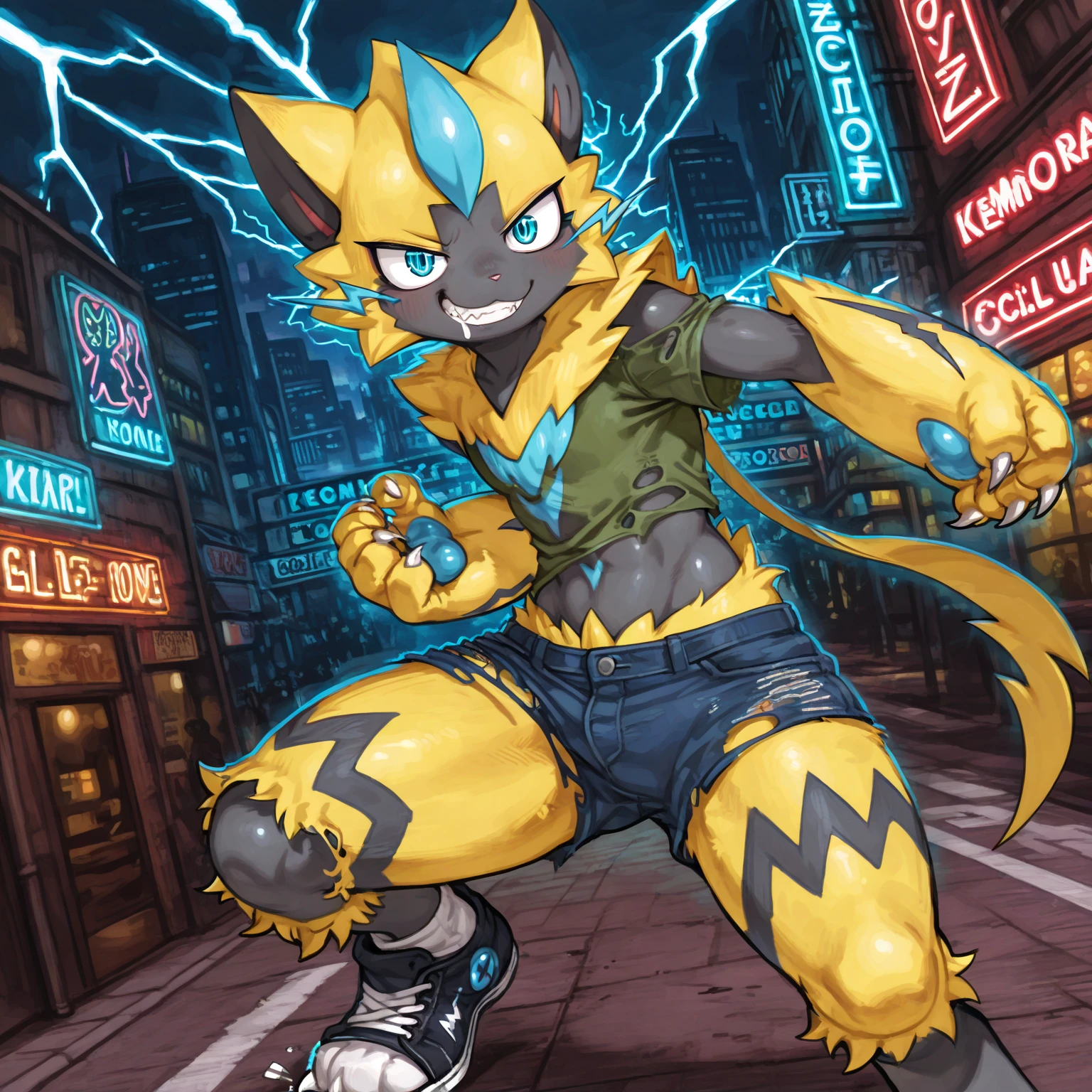 Best quality,Furry,Kemono,transformation,(male_zeraora),((torn clothing ...