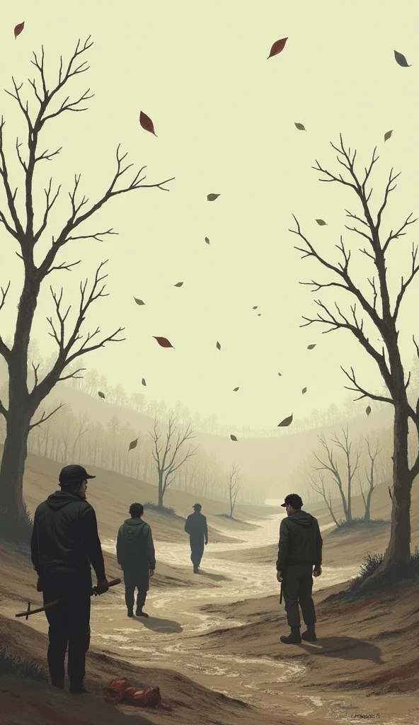 A vast, lifeless landscape beneath an empty sky—trees with drooping ...