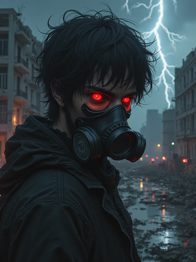 1 homem cis, black hair, wavy hair, gas mask, crazy smile - SeaArt AI