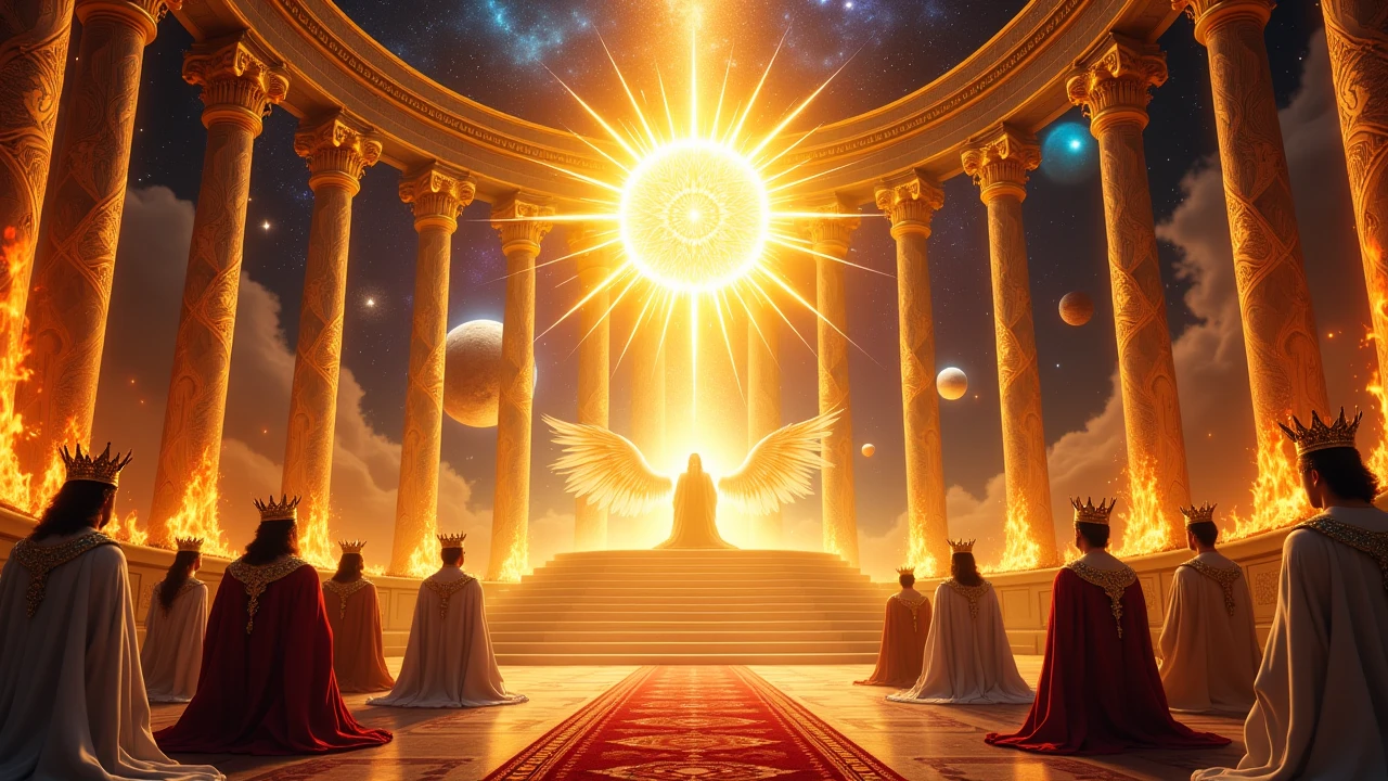 Grand celestial throne room with a radiant sun at its center - SeaArt AI