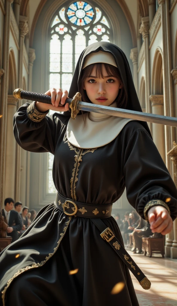 one girl, gal,A nun wielding a sword in an intense battle scene - SeaArt AI