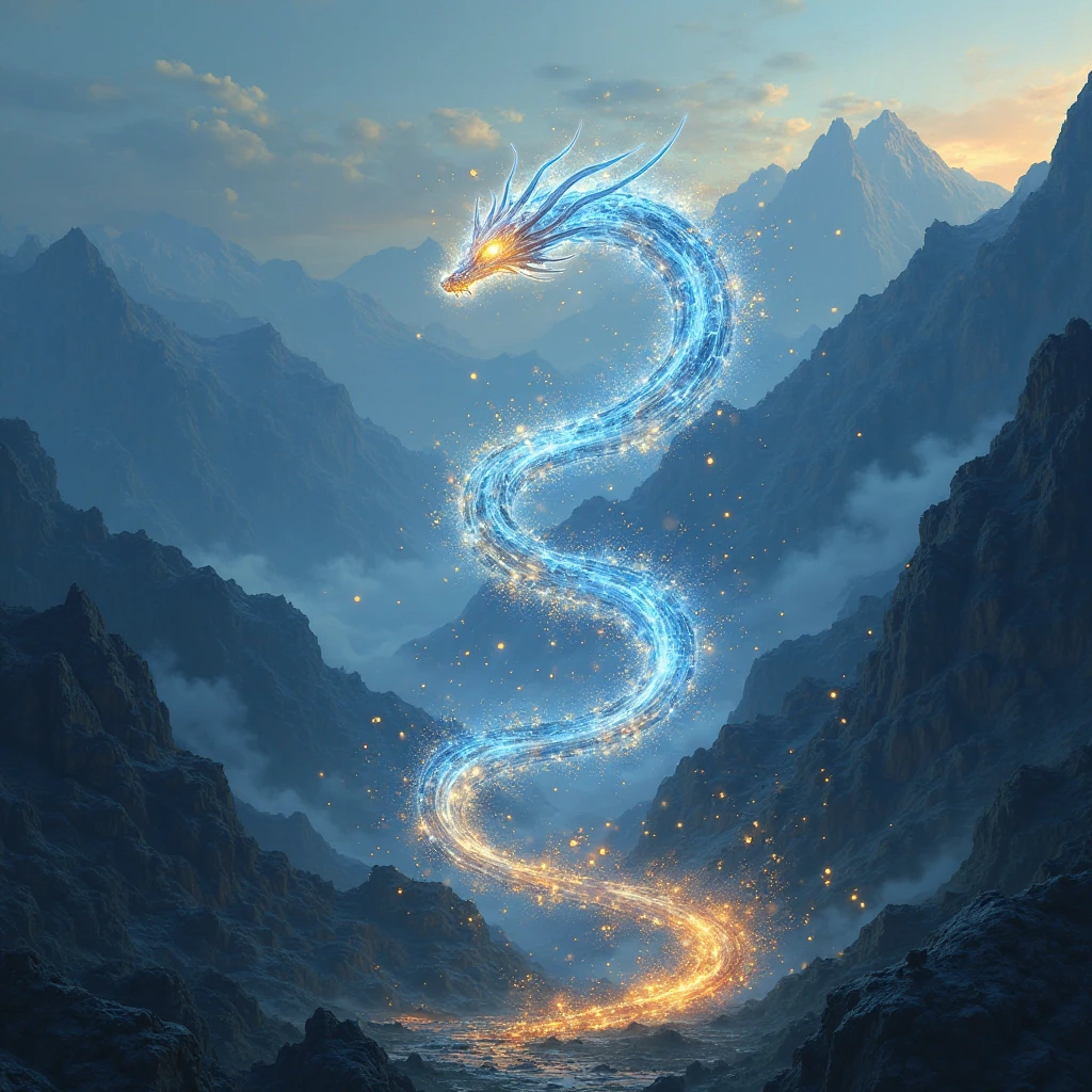 Abstract dragon-shaped energy flow through mountain silhouette - SeaArt AI