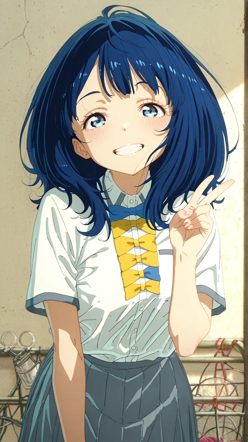 Solo,blue hair, blue eyes, medium hair, school uniform, white shirt ...