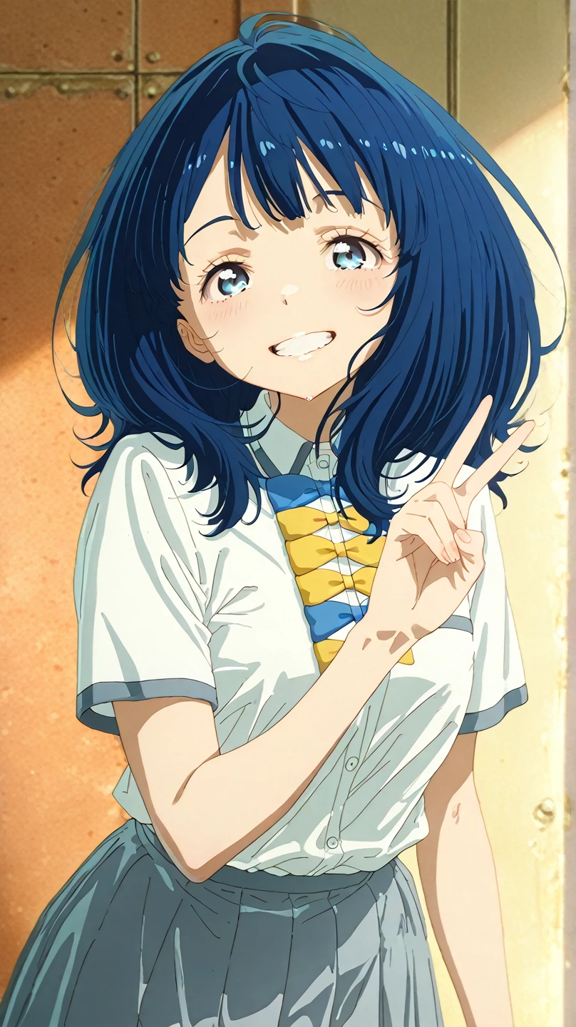 Solo,blue hair, blue eyes, medium hair, school uniform, white shirt ...