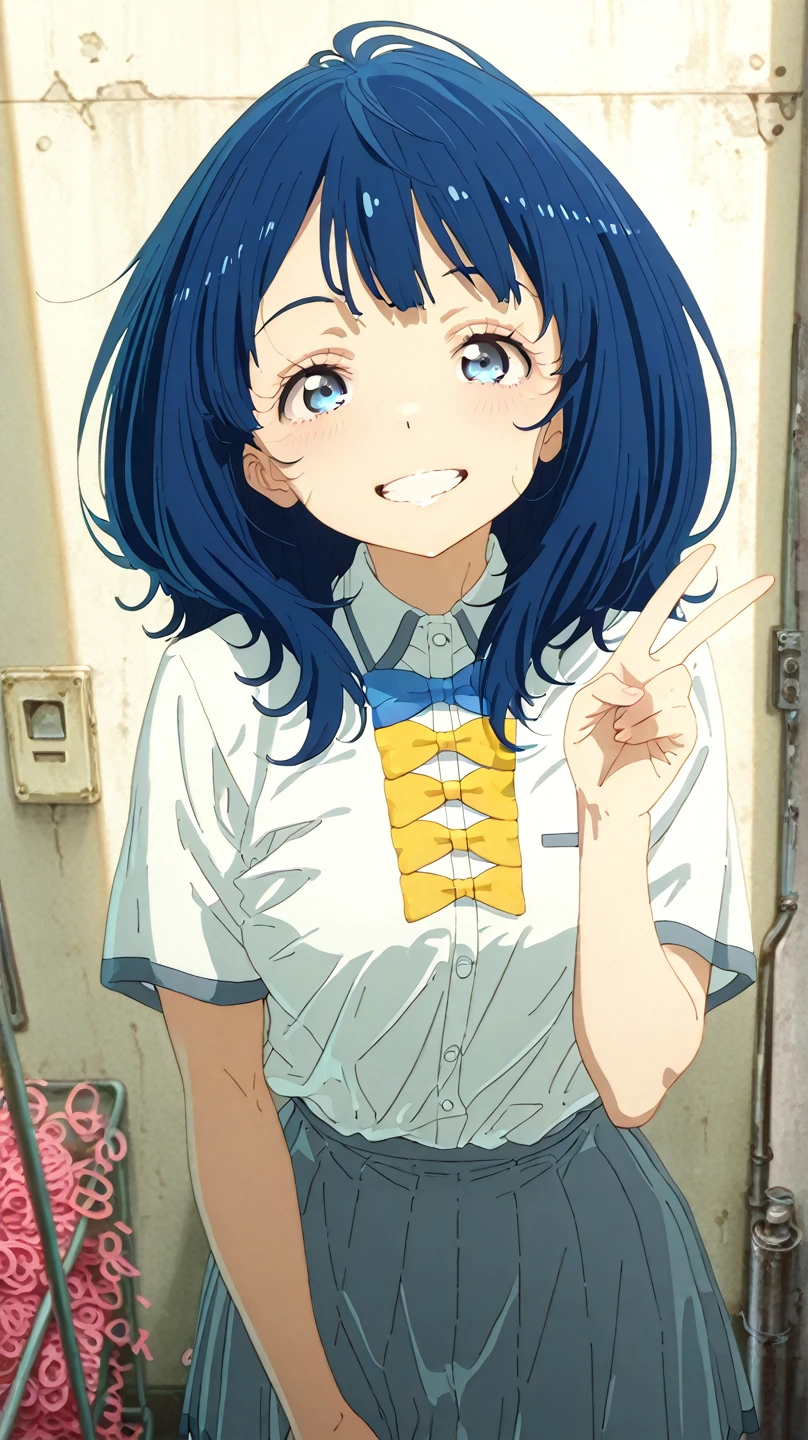 Solo,blue hair, blue eyes, medium hair, school uniform, white shirt ...