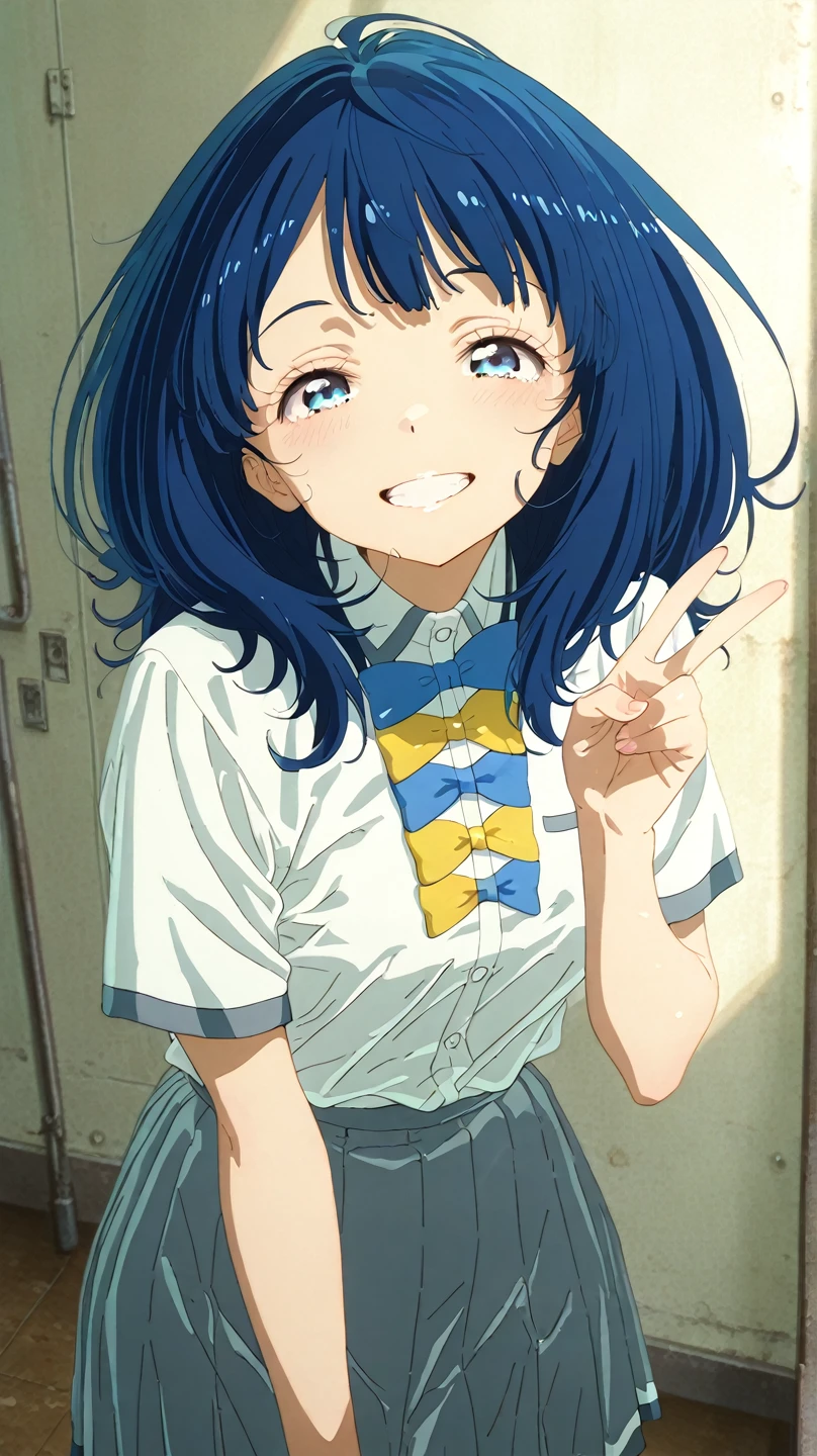 Solo,blue hair, blue eyes, medium hair, school uniform, white shirt ...