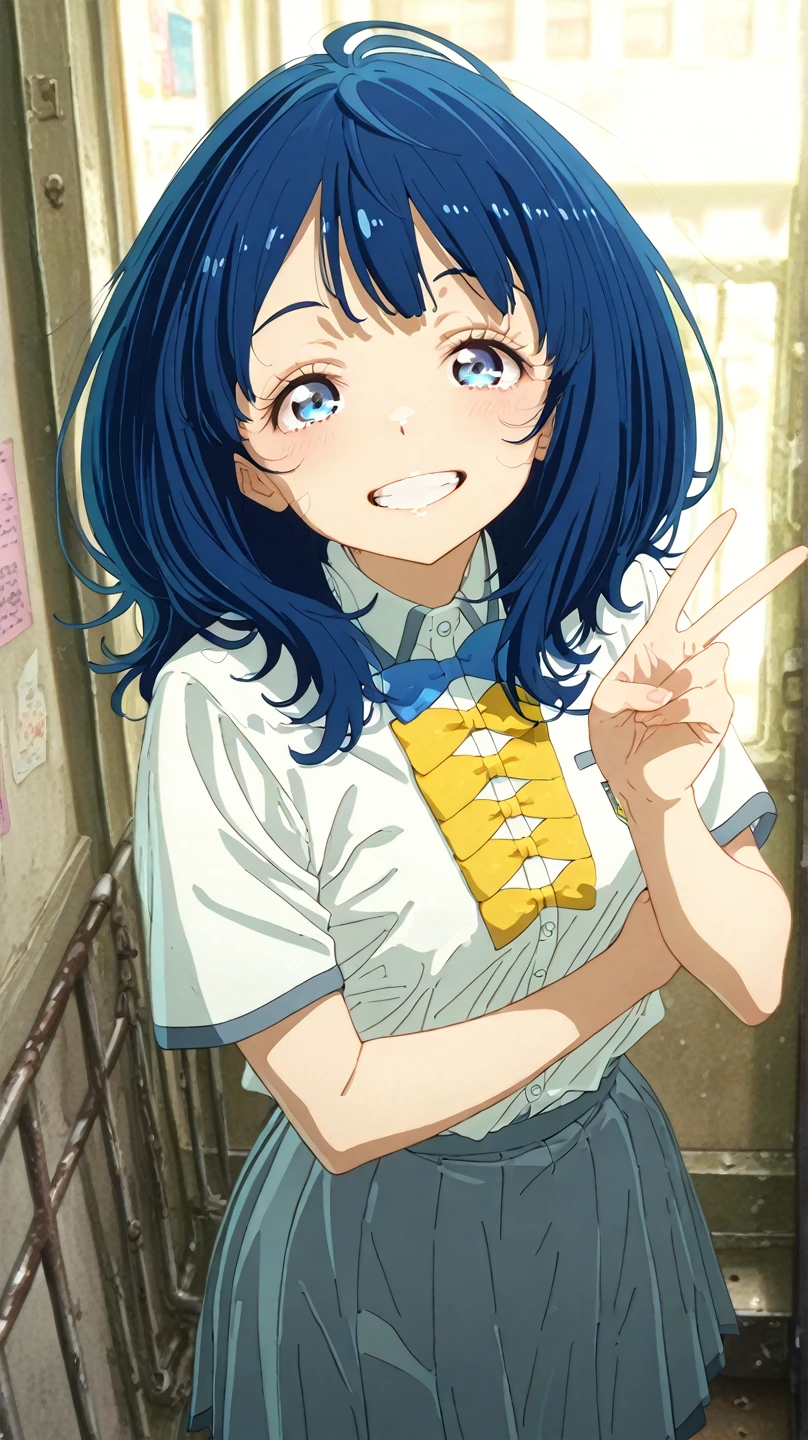 Solo,blue hair, blue eyes, medium hair, school uniform, white shirt ...