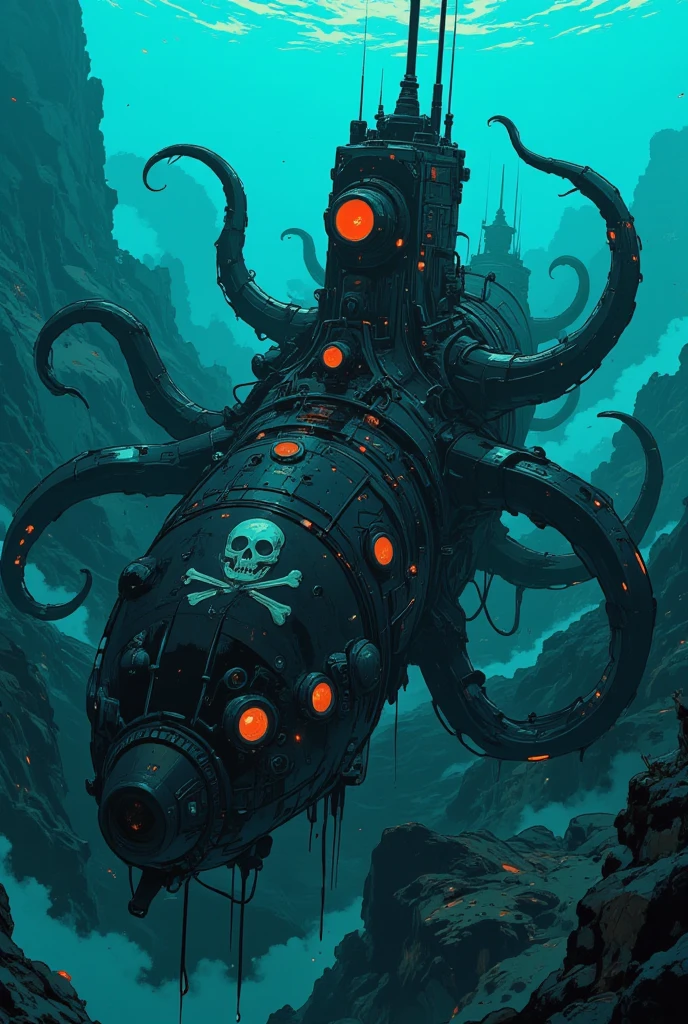 A giant submarine in the shape of black octopus, armored, with the ...