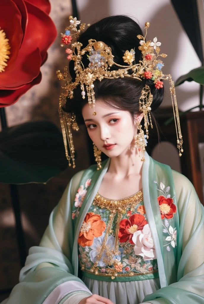The image shows a woman dressed in stunning traditional Chinese attire ...