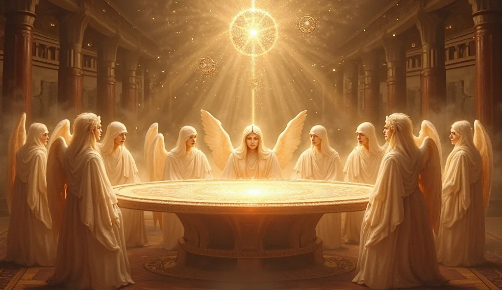 A divine council in a grand celestial hall, with glowing, semi - SeaArt AI
