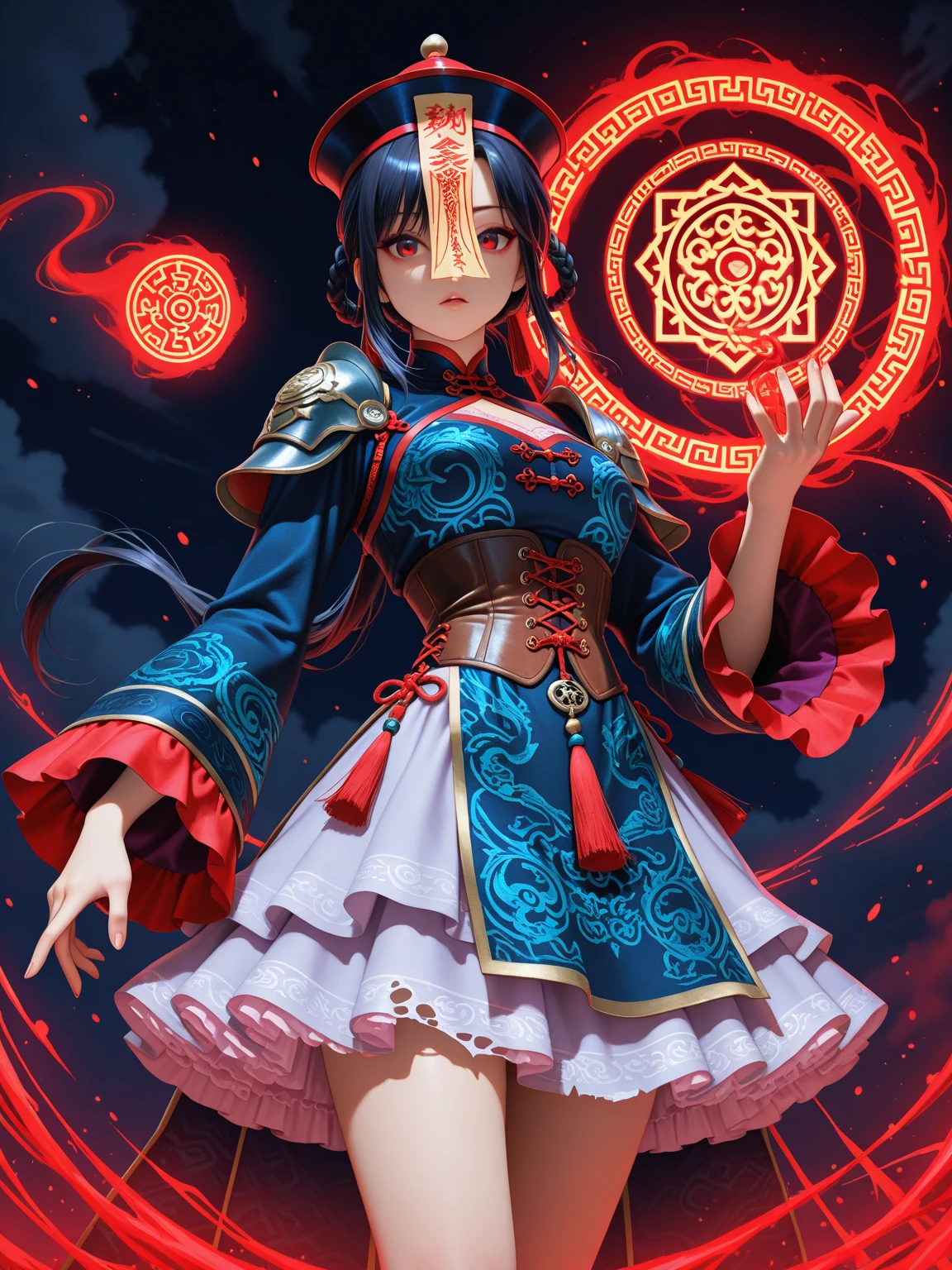 A female figure in a ta-style, red-and-blue color-blocked Qing Dynasty ...