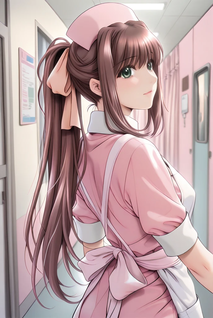 Hospital hallway、1 woman、white frilless apron、sideways、I'm turning ...