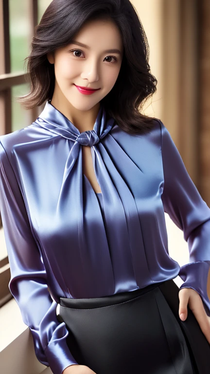 ((shiny satin silk neck bow blouse)). (A small button of the same color ...