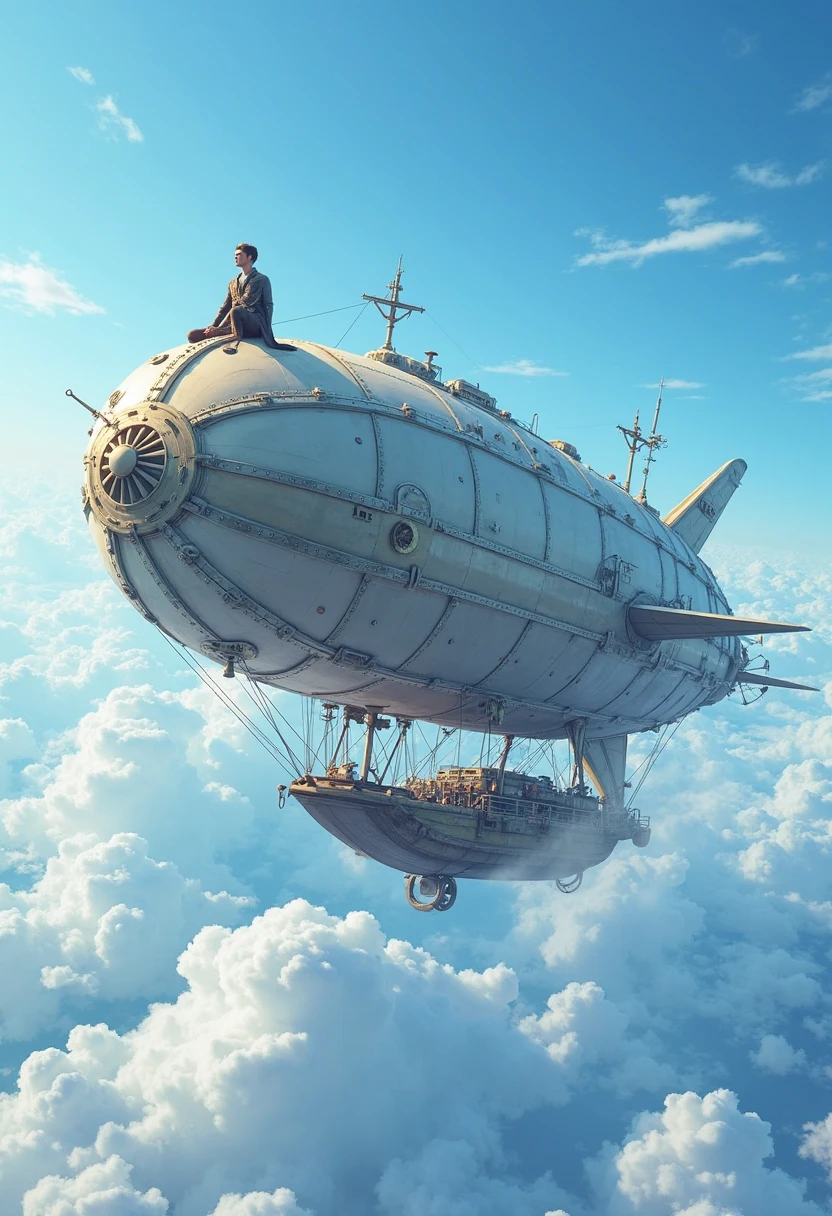 A flying ship is flying in the sky. A is sitting on the ship - SeaArt AI