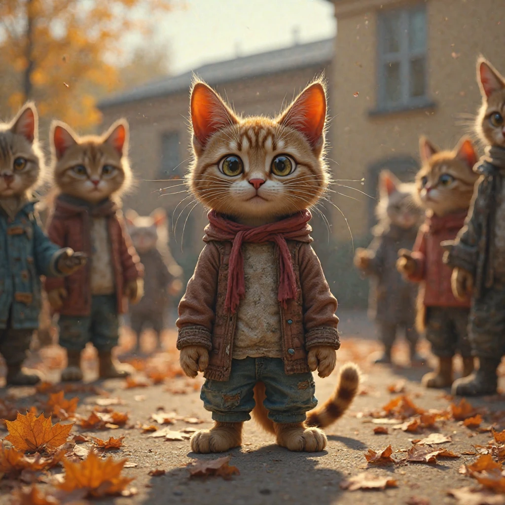 A poor, homeless cat dressed in worn-out, tattered clothes - SeaArt AI