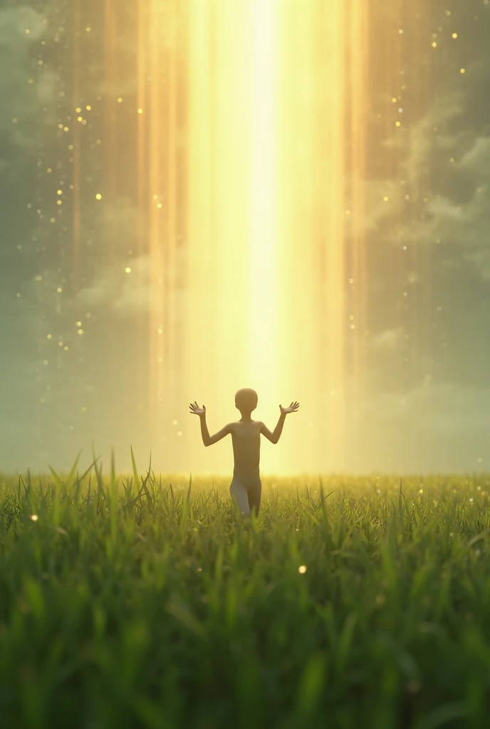 Stickman kneeling in a field, Hands up, as rays of light descend on it ...