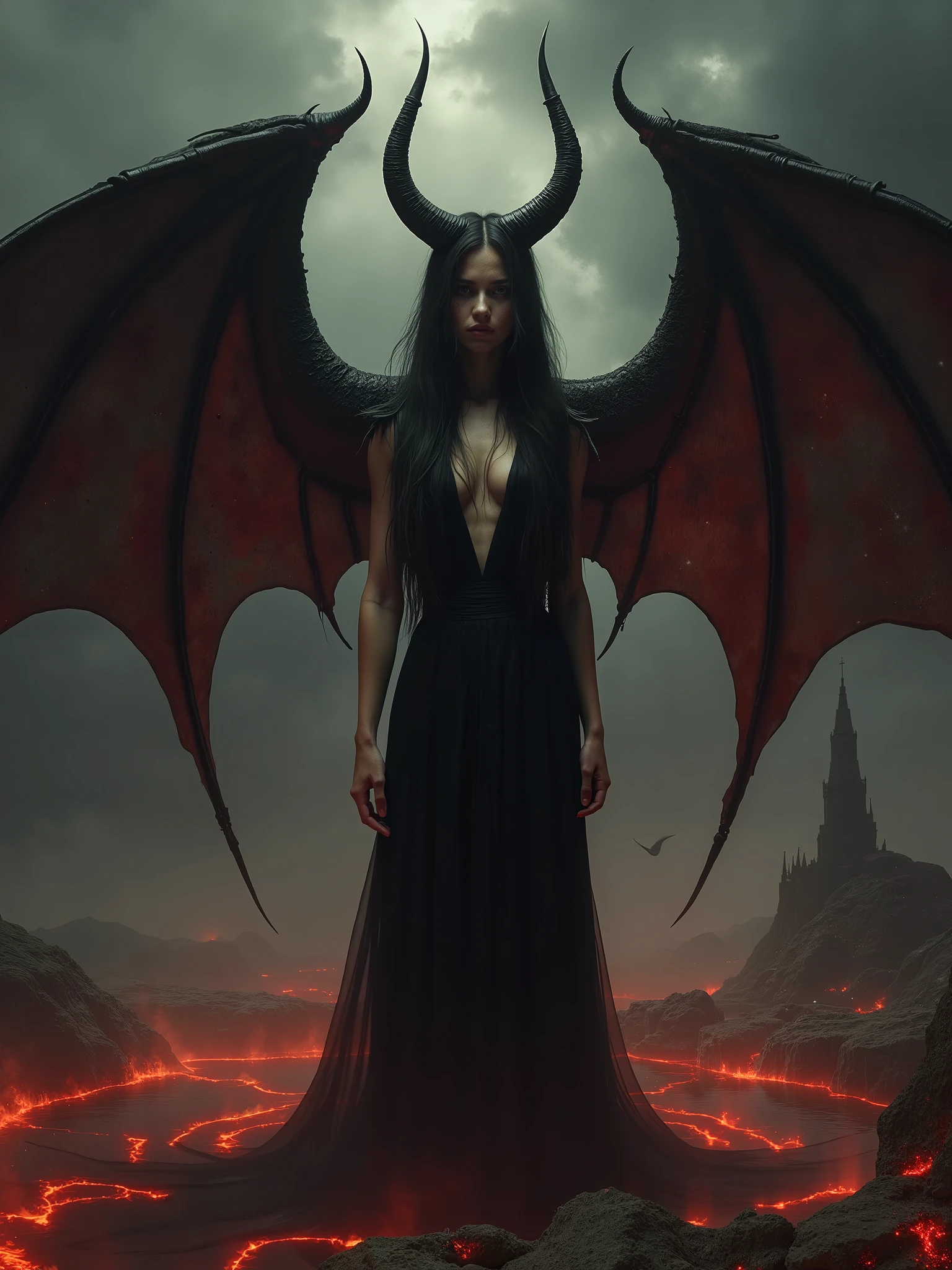 Demon girl, 2 symmetric horns, beautiful face, long black hair - SeaArt AI