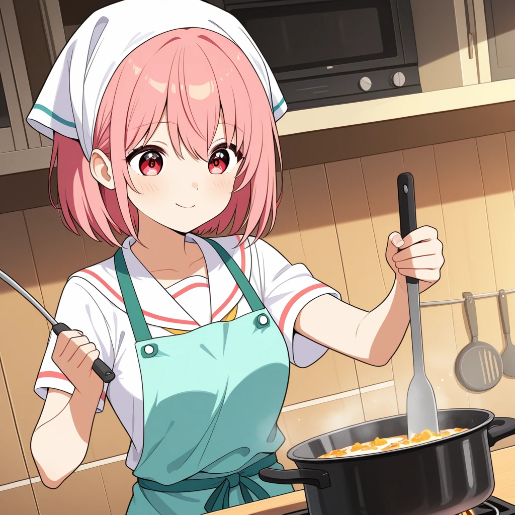 High school girls wearing aprons are cooking. Anime-style illustration ...