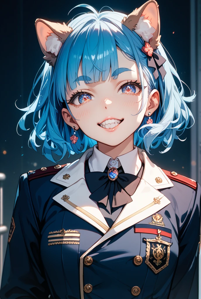 Blue Hair。black mesh on the right。wearing a uniform。Jagged teeth ...