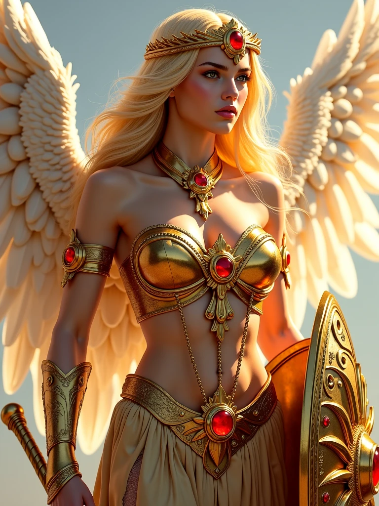 A beautiful warrior princess. She has long wavy golden blonde hair and golden ey - SeaArt AI
