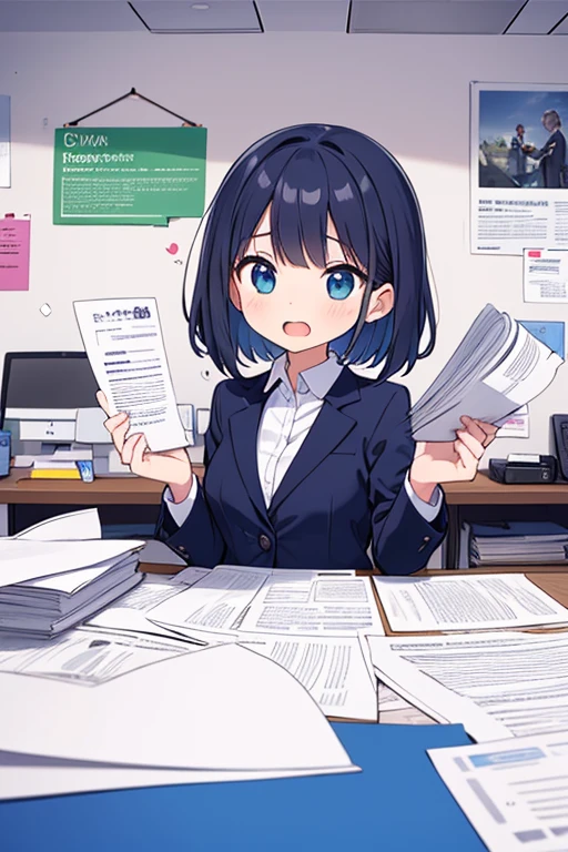 2 girl, business suit, chibi, A modern office promoting paperless work ...