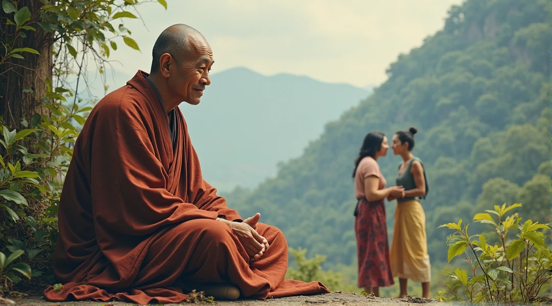 A monk smiling gently as he observes a couple arguing in the background ...