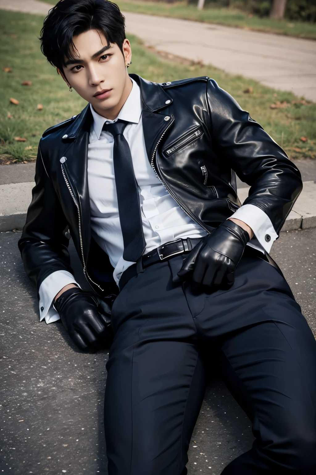 A slim muscular, Full body shot of a handsome K-pop male idol in ...