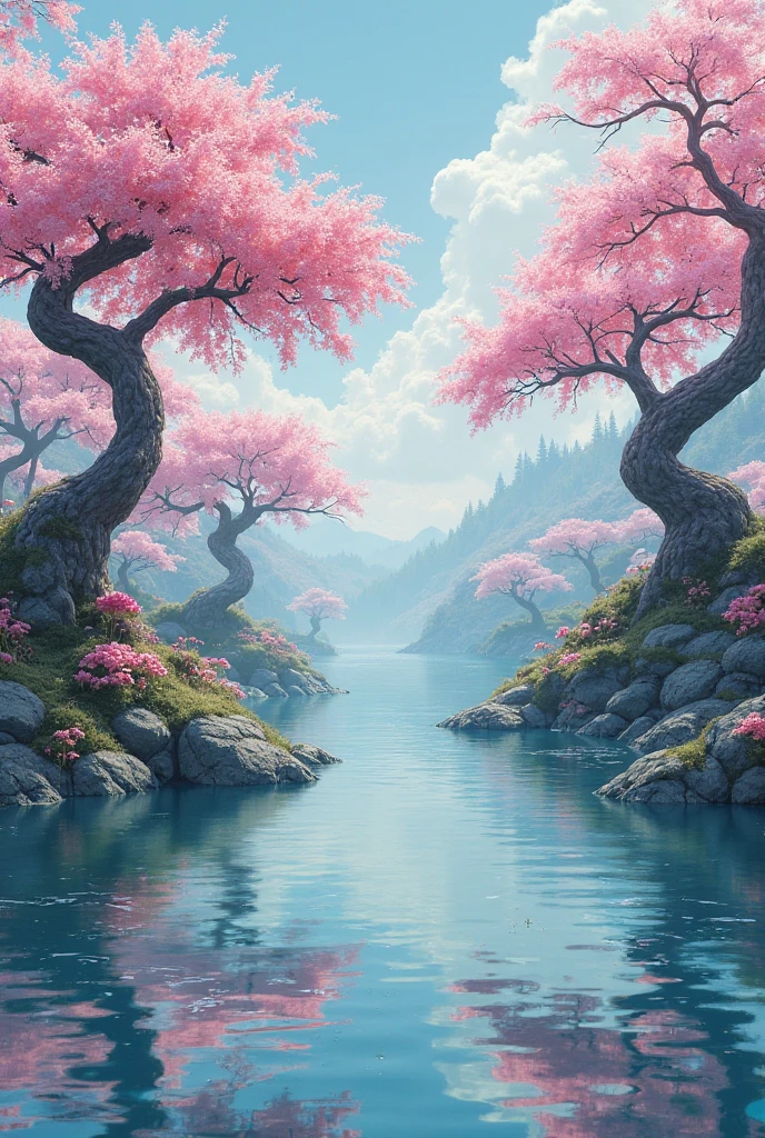 Make me a japanese landscape with pink bonsai trees and a blue lake ...