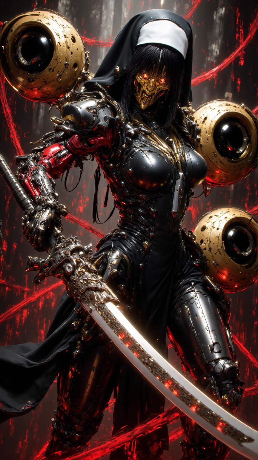 Electronic combat nun with shoulder-length black hair, wide hips ...