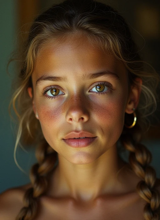 Portrait of 1 girl, em casa, Brunette with blonde braids, olho escuro ...
