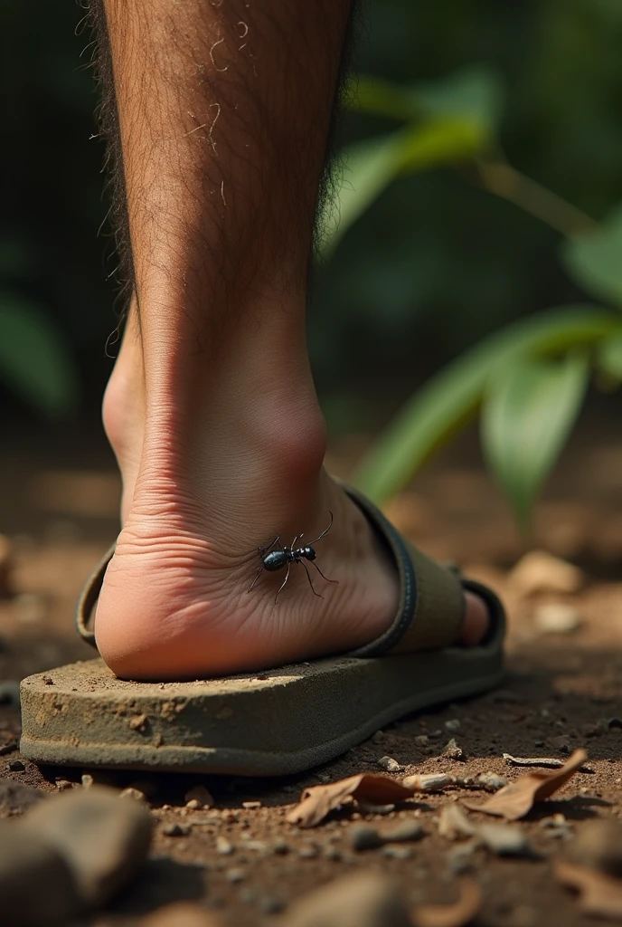 "A realistic scene showing an ant biting the back of a hunter - SeaArt AI