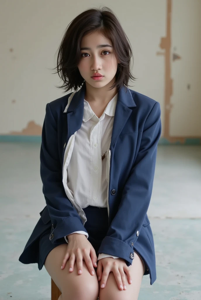 Full body shot, DSLR style, japanese woman wearing messy school uniform ...