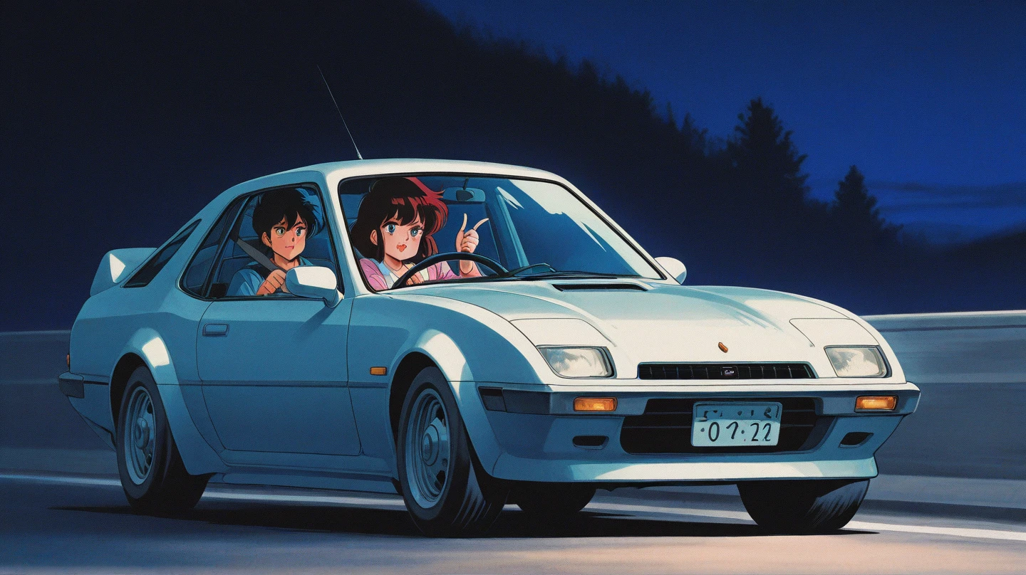 【Woman driving a car at night】, grainy filter, in style of 80s anime ...