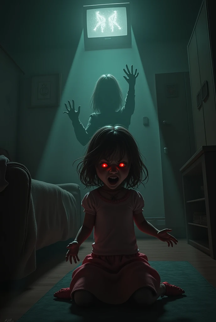 The lights flicker violently. The doll's eyes glow faint red - SeaArt AI