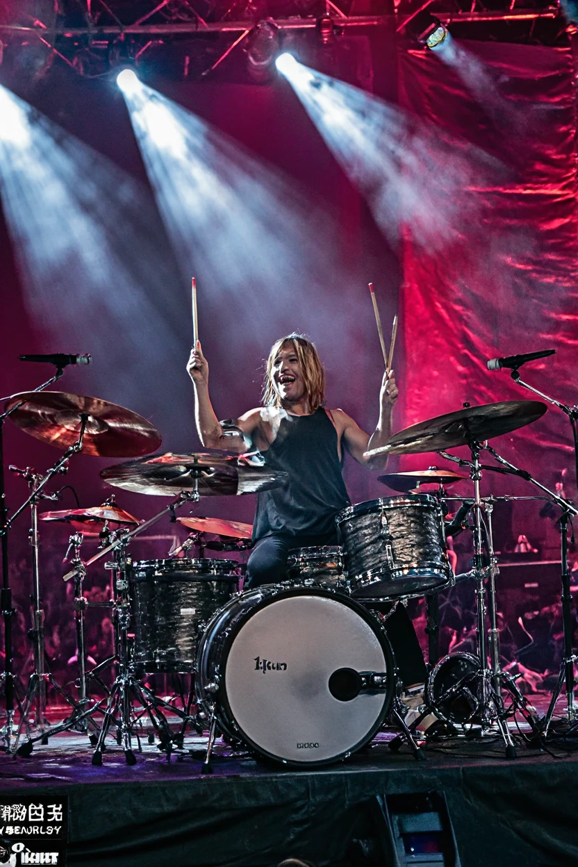 Outdoor Stage、 drums、Female Drummer、(((Holding drumsticks in both hands ...
