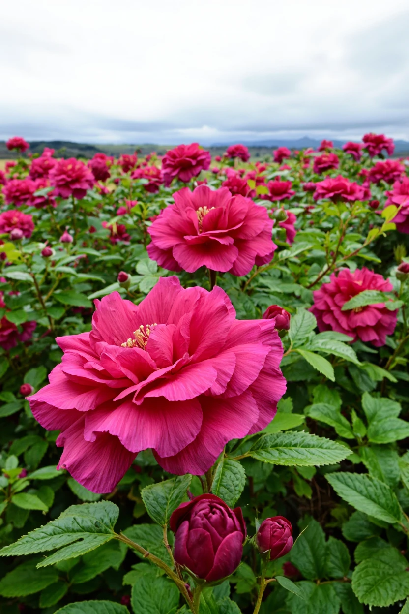 A wide field of blooming Rosa rugosa flowers, vibrant magenta petals ...